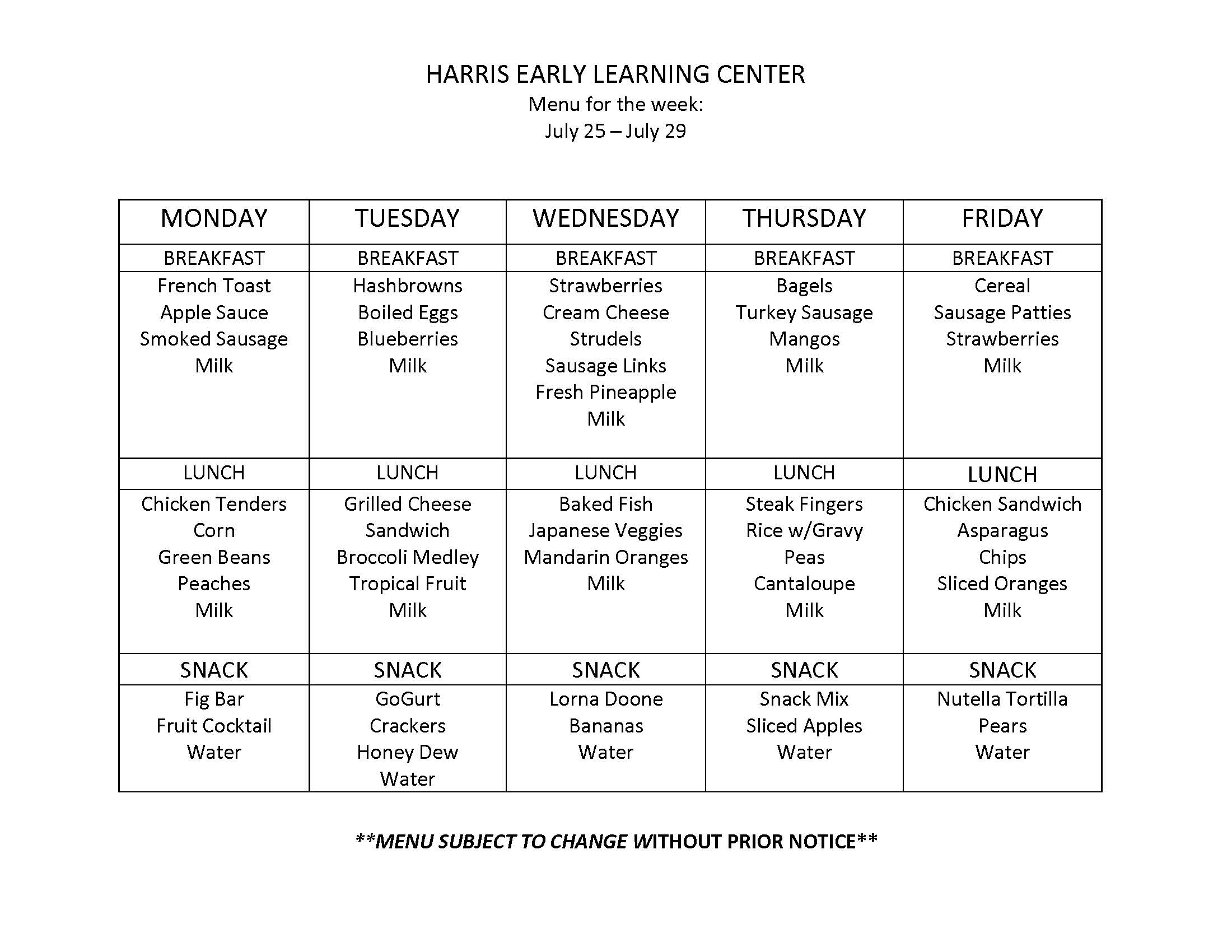 Menu - The Elmer and Glenda Harris Early Learning Center
